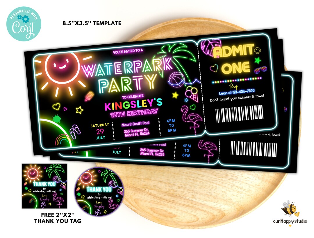 Editable Waterpark Party Ticket Invitation, Glow Pool Party Ticket ...