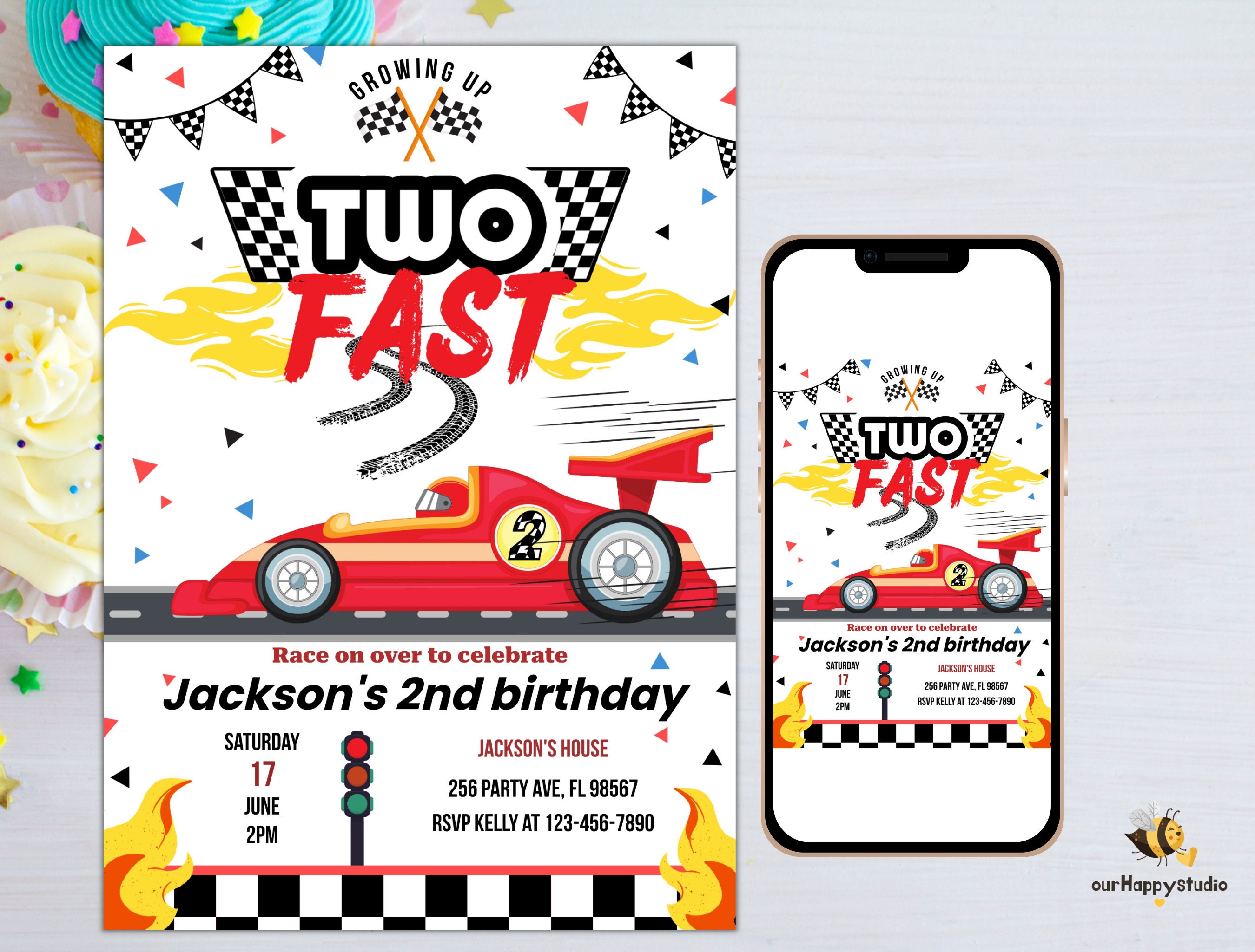 Editable Two Fast Racing Car 2nd Birthday Invitation, Race Car Birthday ...