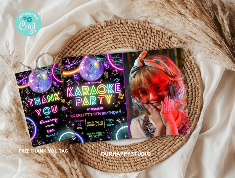 Editable Karaoke Party Birthday Photo Invitation, Glow Karaoke Birthday ...