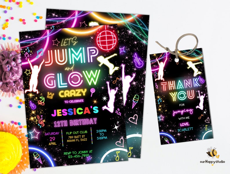 Editable Jump Party Birthday Invitation Glow Trampoline Party - Etsy