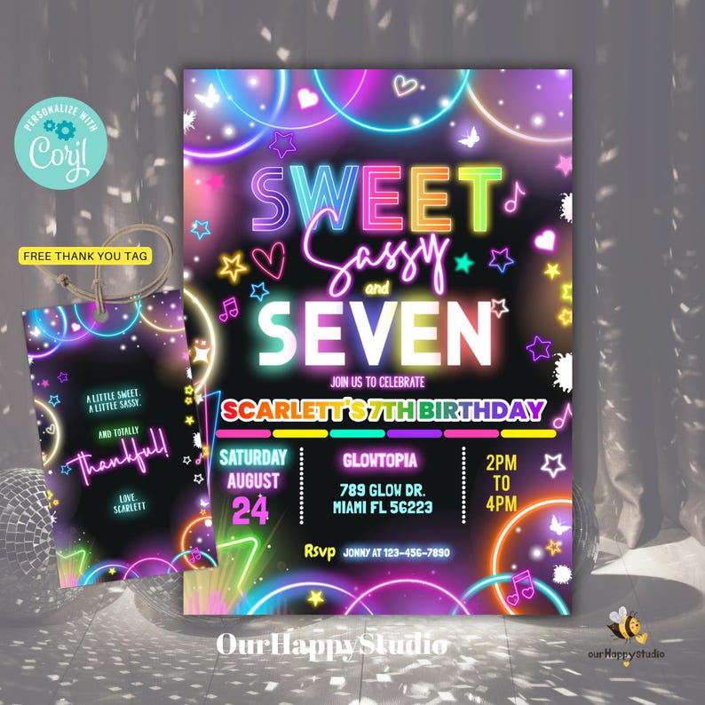 Editable Sweet Sassy and Seven 7th Party Birthday Invitation, Girl 7th ...