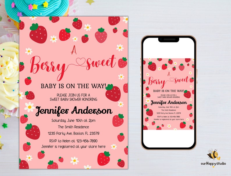 Editable Strawberry Baby Shower Invitation Bundle Printable - Etsy
