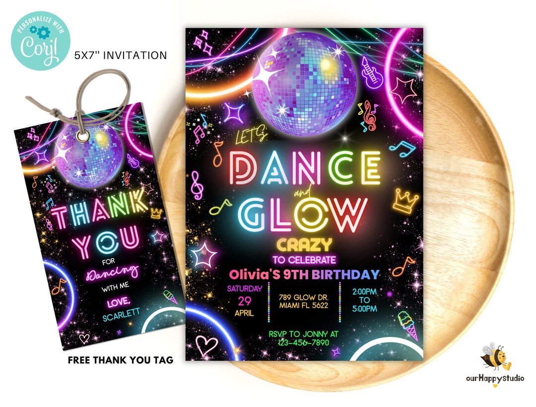 Editable Let's Dance and Glow Crazy Party Birthday Invitation, Disco ...