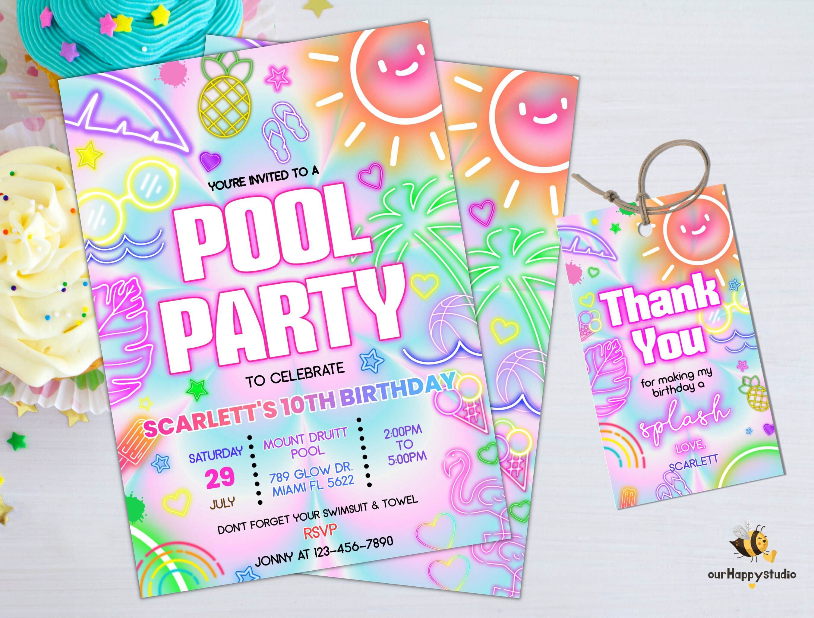 Editable Pool Party Invitation Glow Neon Invite Tropical Tie - Etsy