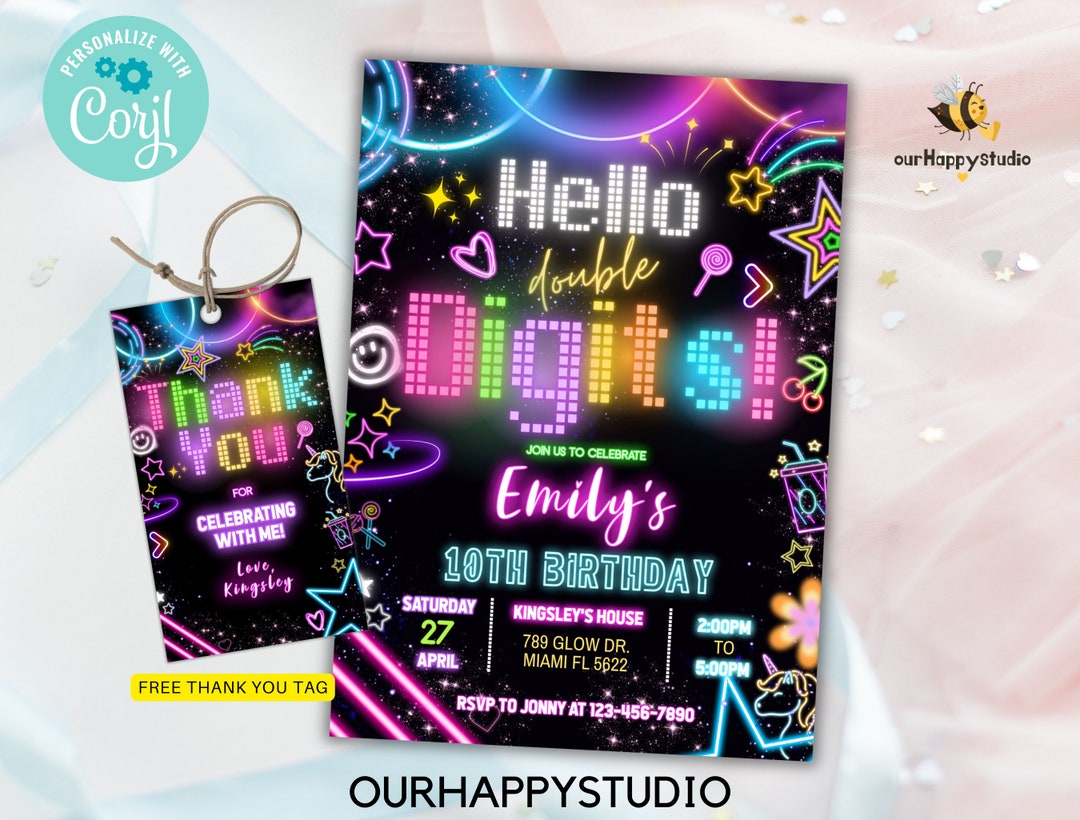 Editable Hello Double Digits Birthday Invitation, Glow 10th Birthday ...