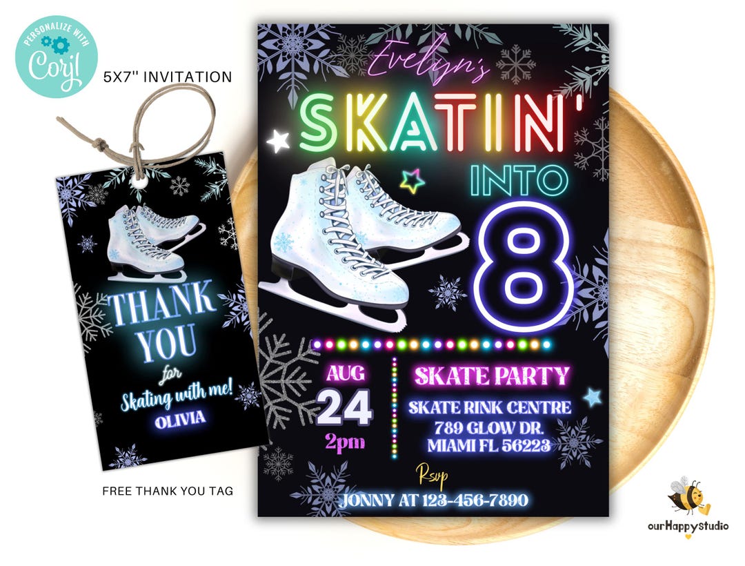 Editable Ice Skating Invitation Glow Skate Party Birthday Invitation, Ice Skate Neutral Invites ...