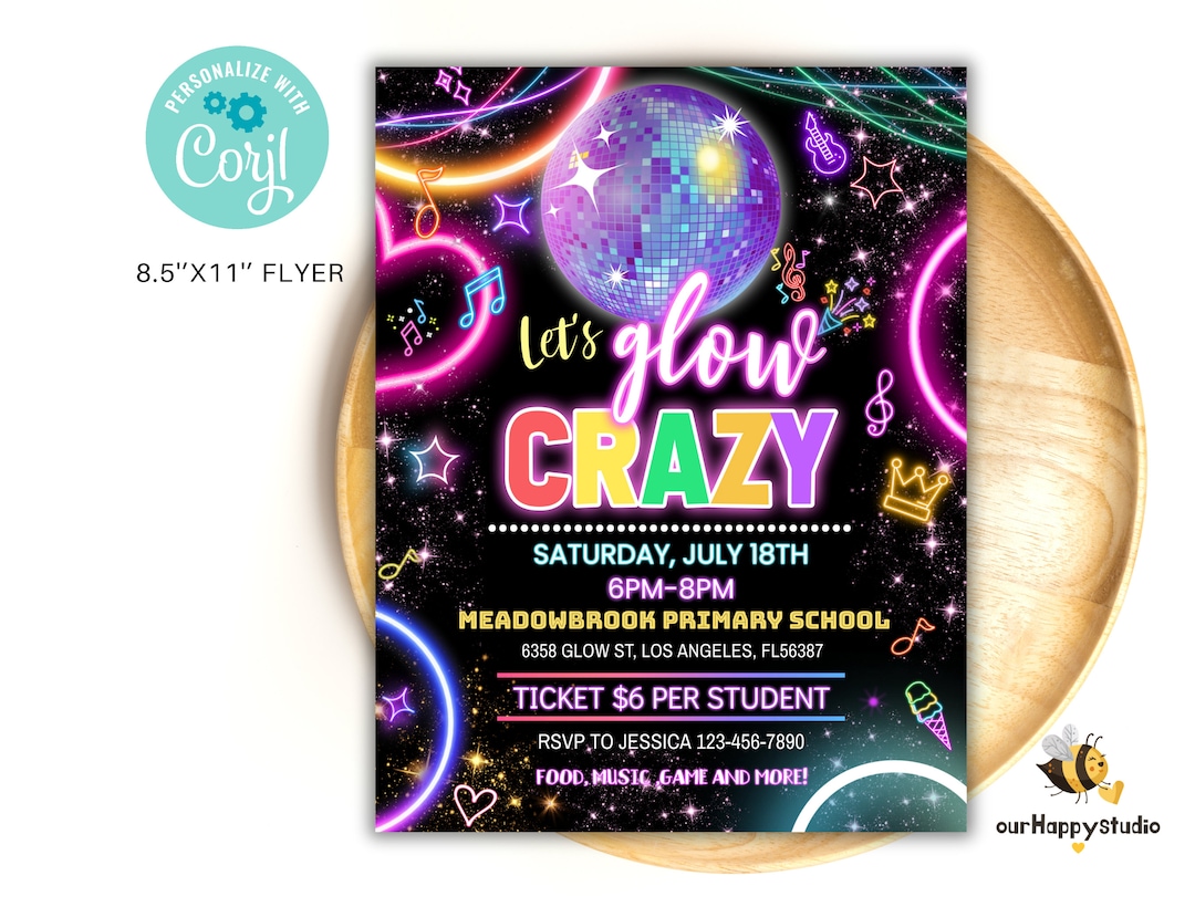 Editable Dance Party Flyer, Glow Gender Neutral Invite, Glow Party ...