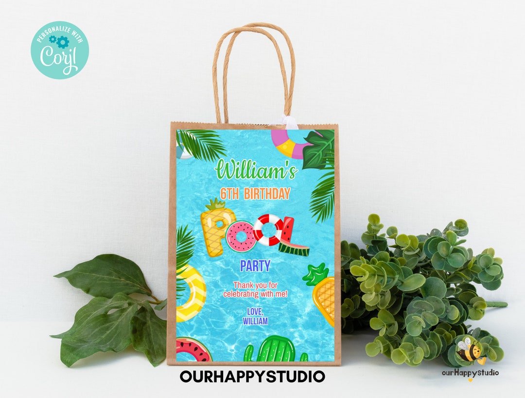 Editable Pool Party Gift Bag Label Swim Party Birthday Party Favor ...