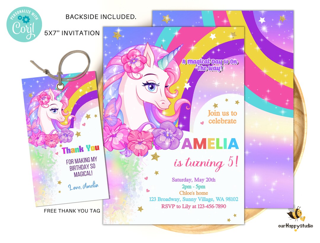 Editable Unicorn Rainbow Birthday Invitation, Rainbow Unicorn Floral ...