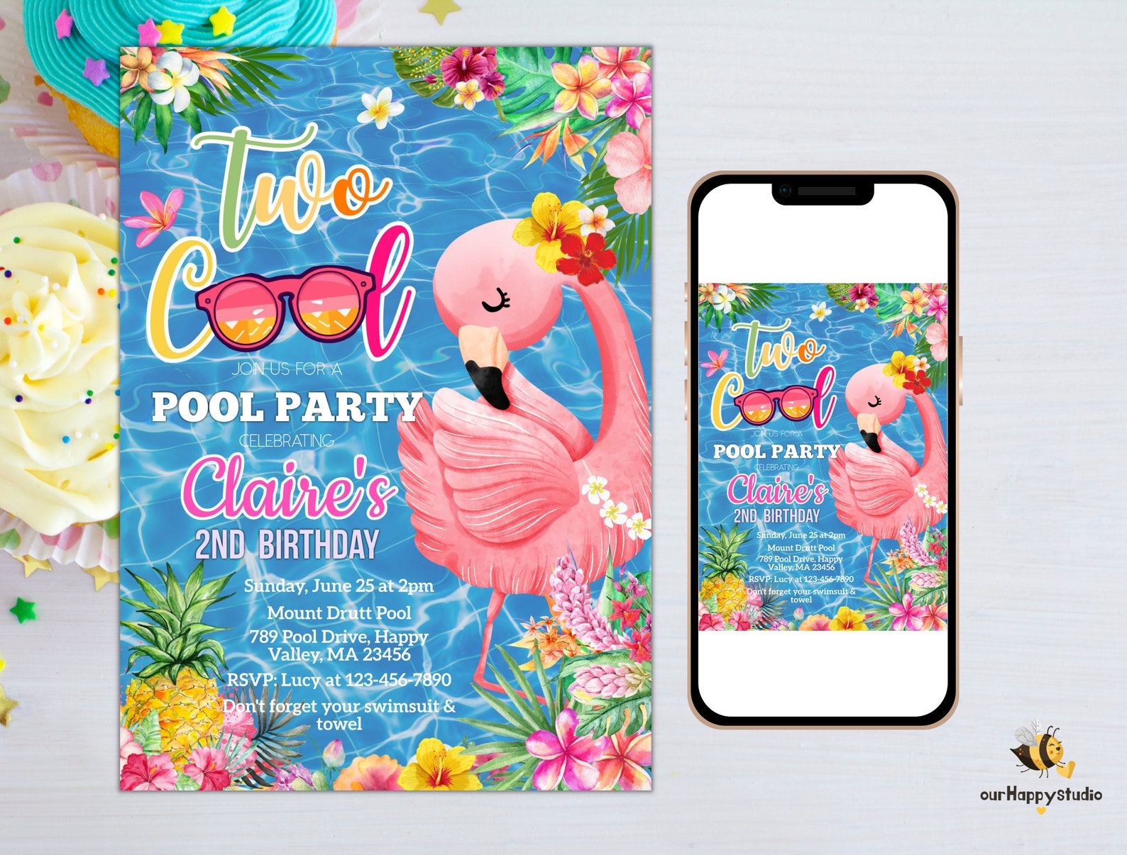 Editable Two Cool Pool Party Invitation, Hawaiian Flamingo Birthday ...