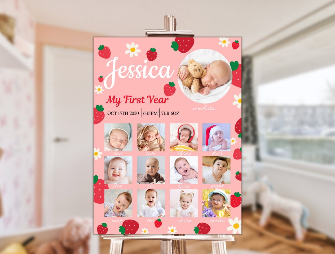 Strawberry Milestone Birthday Sign, Baby's First Year Poster Template ...