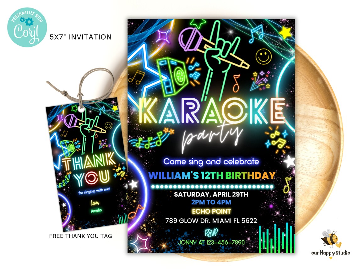 Editable Boy Karaoke Party Birthday Invitation, Glow Karaoke Birthday ...