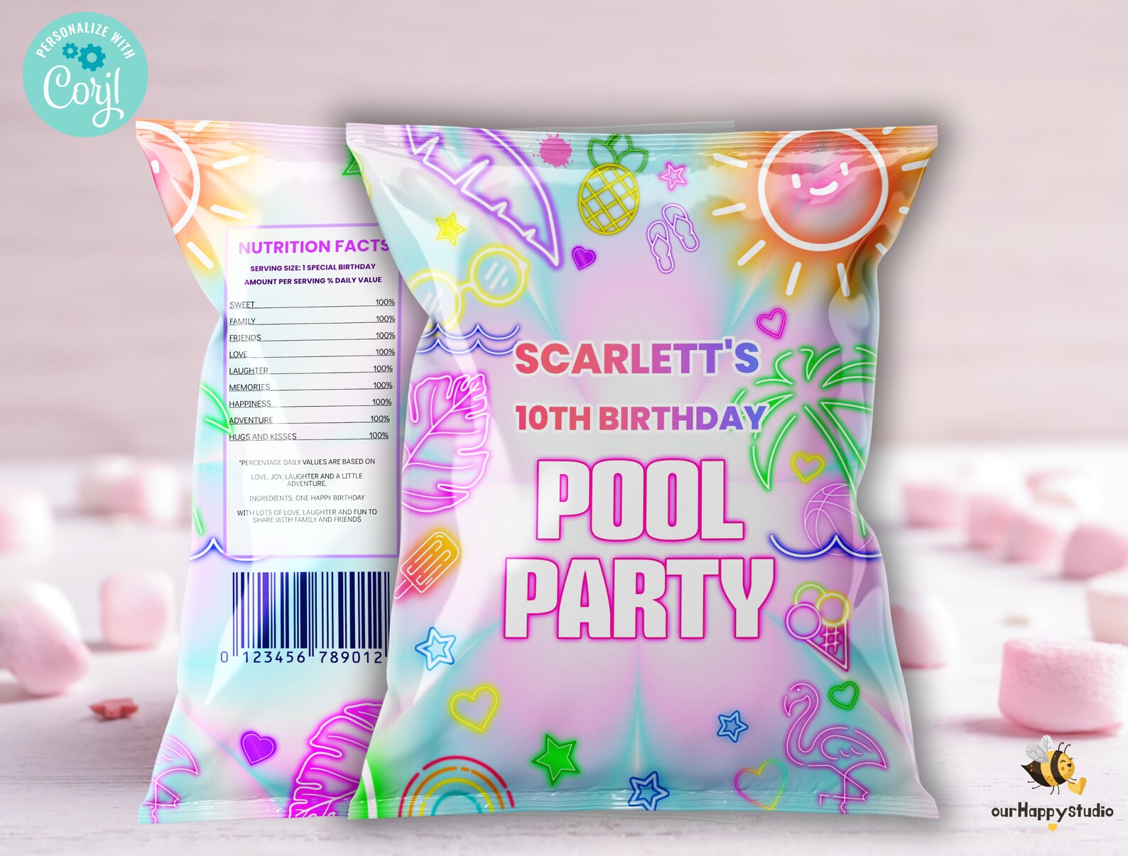 Editable Pool Party Chip Bag Wrapper Tropical Party Tie Dye Neon Summer ...