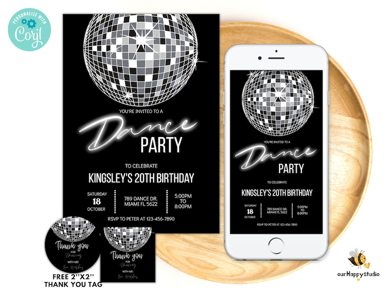 Editable Minimalist Dance Party Birthday Invitation, Disco Gender ...
