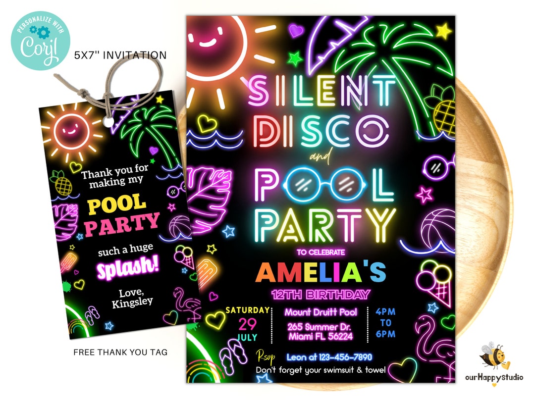 Editable Silent Disco Pool Party Invitation, Glow Water Park Invite ...