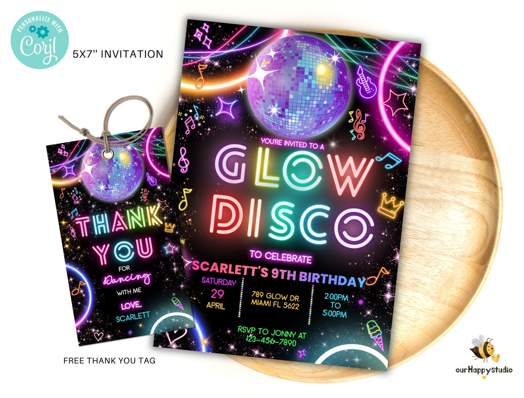 Editable Glow Disco Party Birthday Invitation, Disco Gender Neutral ...