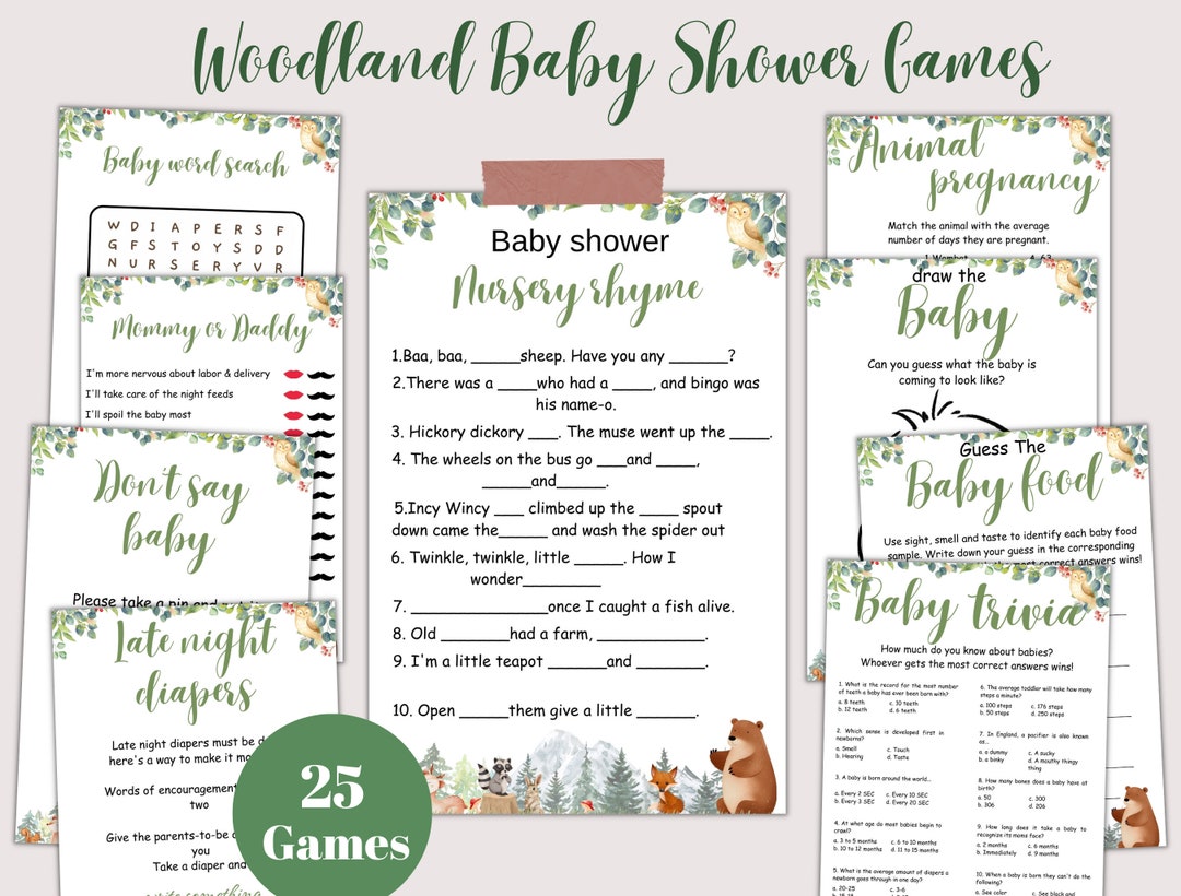 Woodland Animals Baby Shower Games Bundle, Forest Animals Baby Shower ...