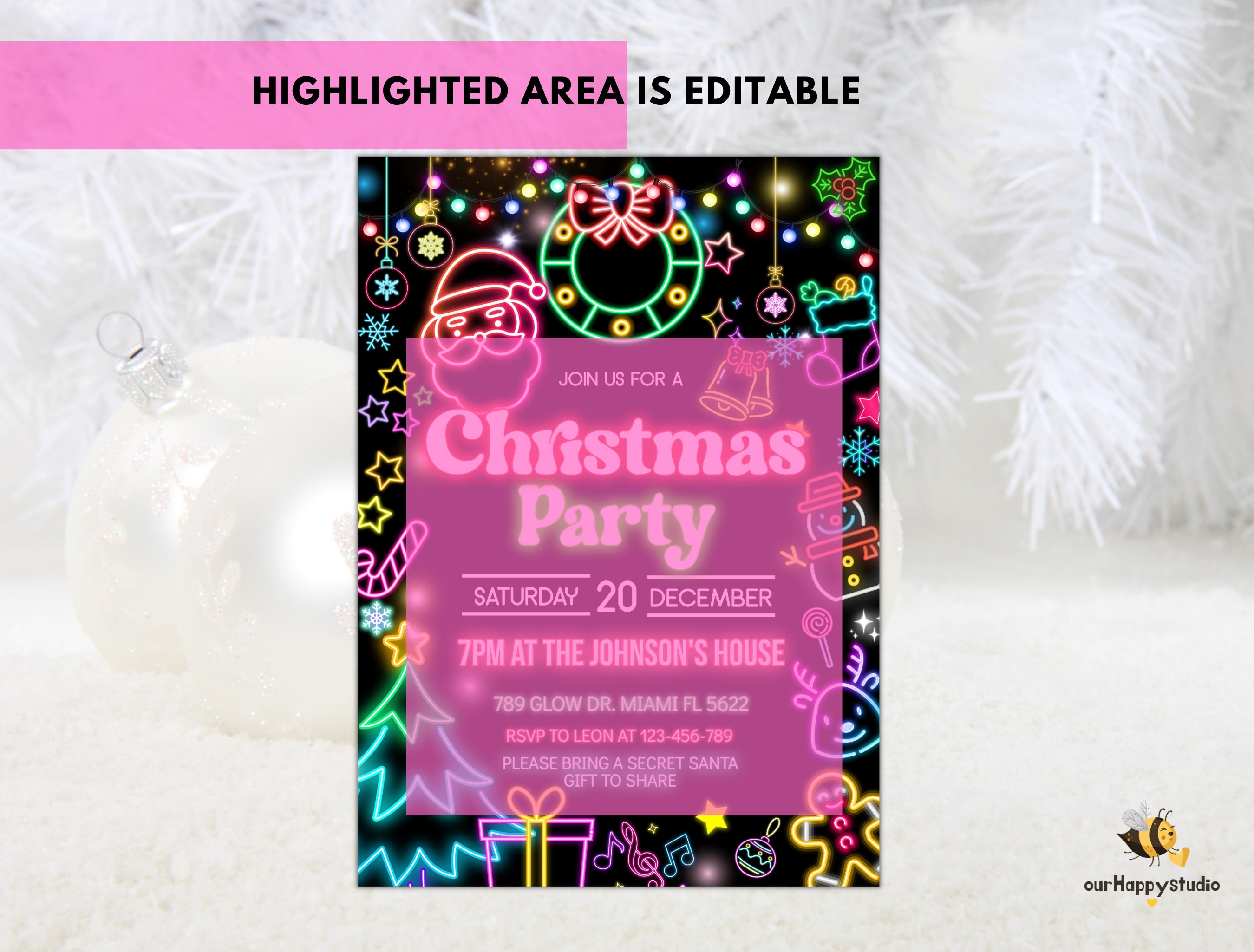 Editable Neon Christmas Party Invitation Glow Christmas Party - Etsy