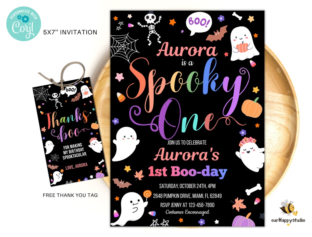 Editable Spooky One Ghost Halloween 1st Birthday Party Invite Cute Pink ...