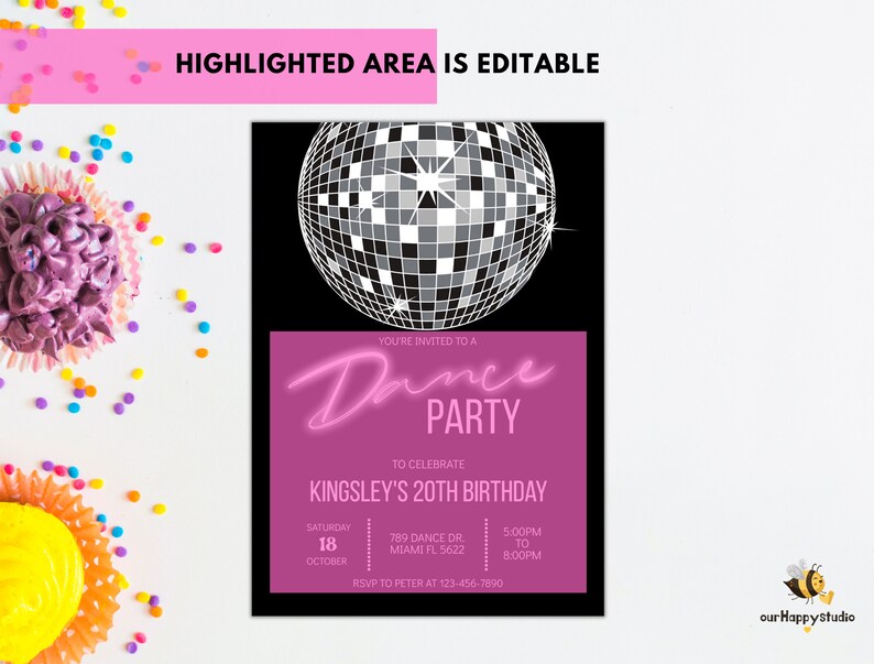 Editable Minimalist Dance Party Birthday Invitation, Disco Gender ...