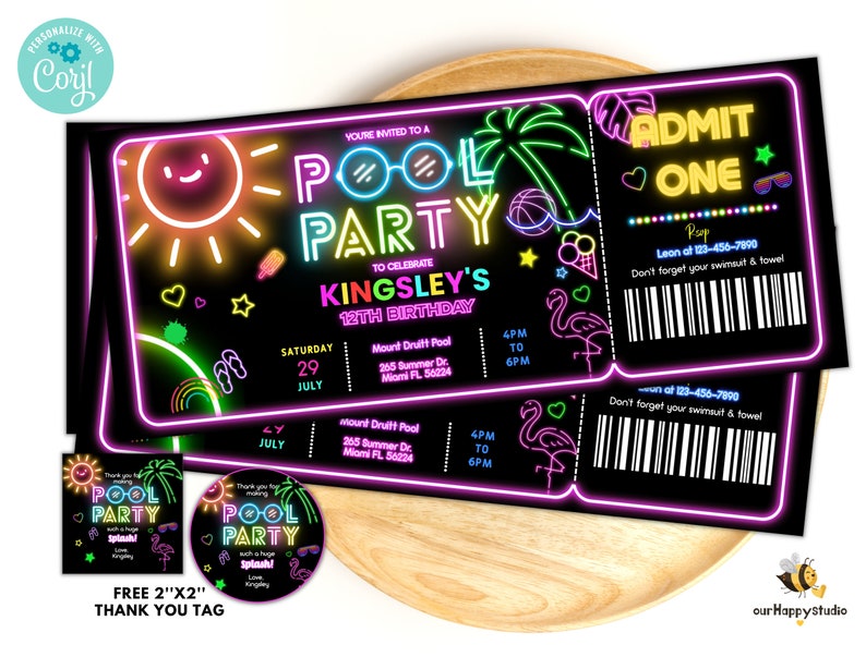 Editable Pool Party Ticket Invitation, Glow Water Park Ticket, Tropical ...