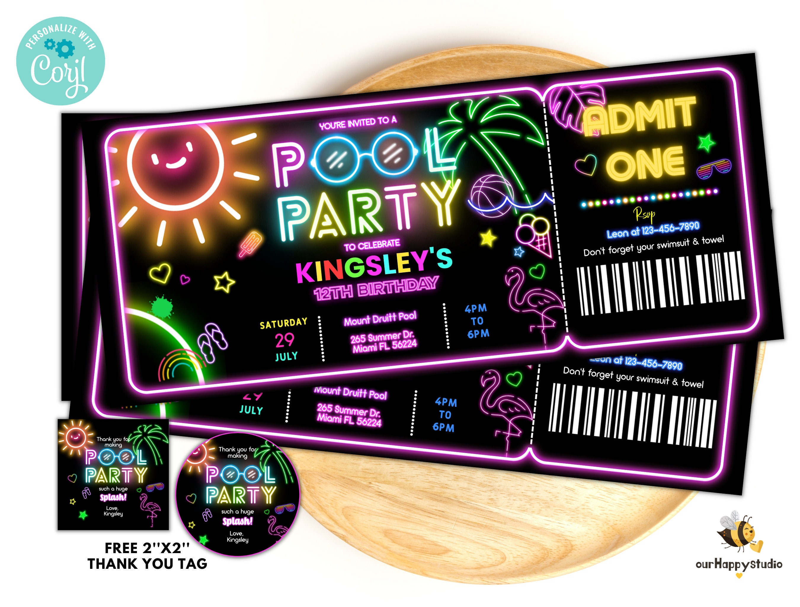 Editable Pool Party Ticket Invitation Glow Water Park Ticket - Etsy UK