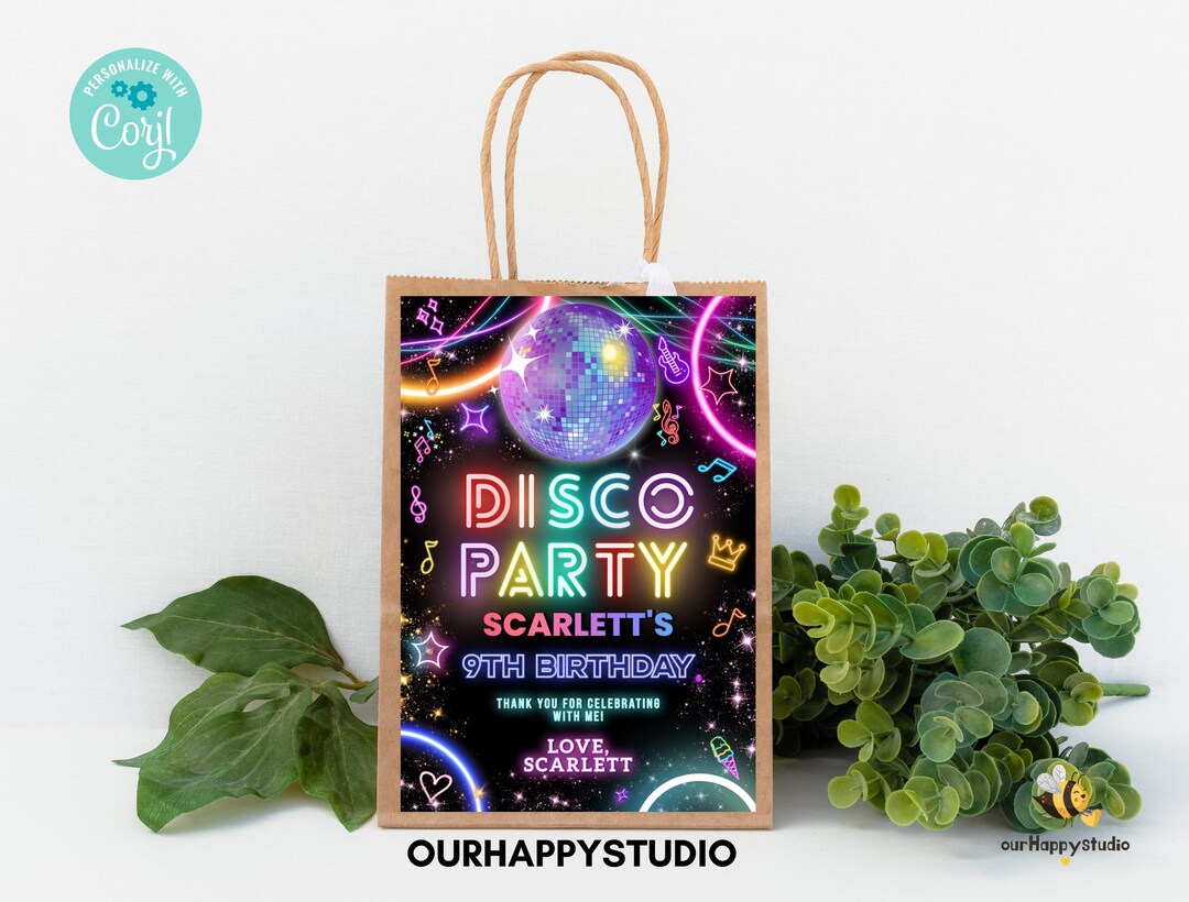 Editable Disco Gift Bag Label Glow Party Dance Birthday Party Favor ...