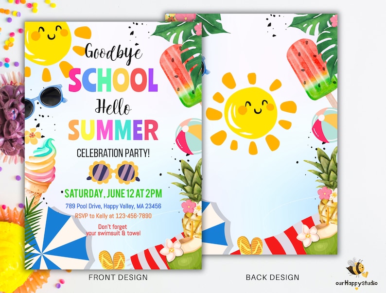 Editable End of School Party Invitation, Pool Party Invitation, Hello ...