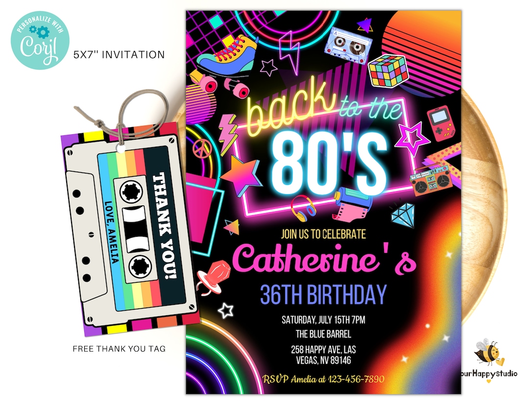 Editable 80s Birthday Party Invitation Back to the 80s Neon Party Glow ...