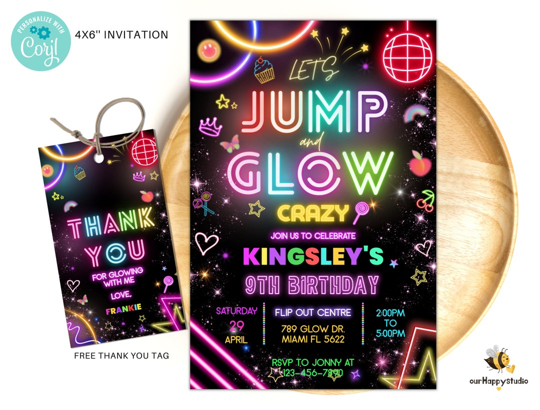 Editable Jump Party Birthday 4x6'' Invitation, Glow Trampoline Party ...