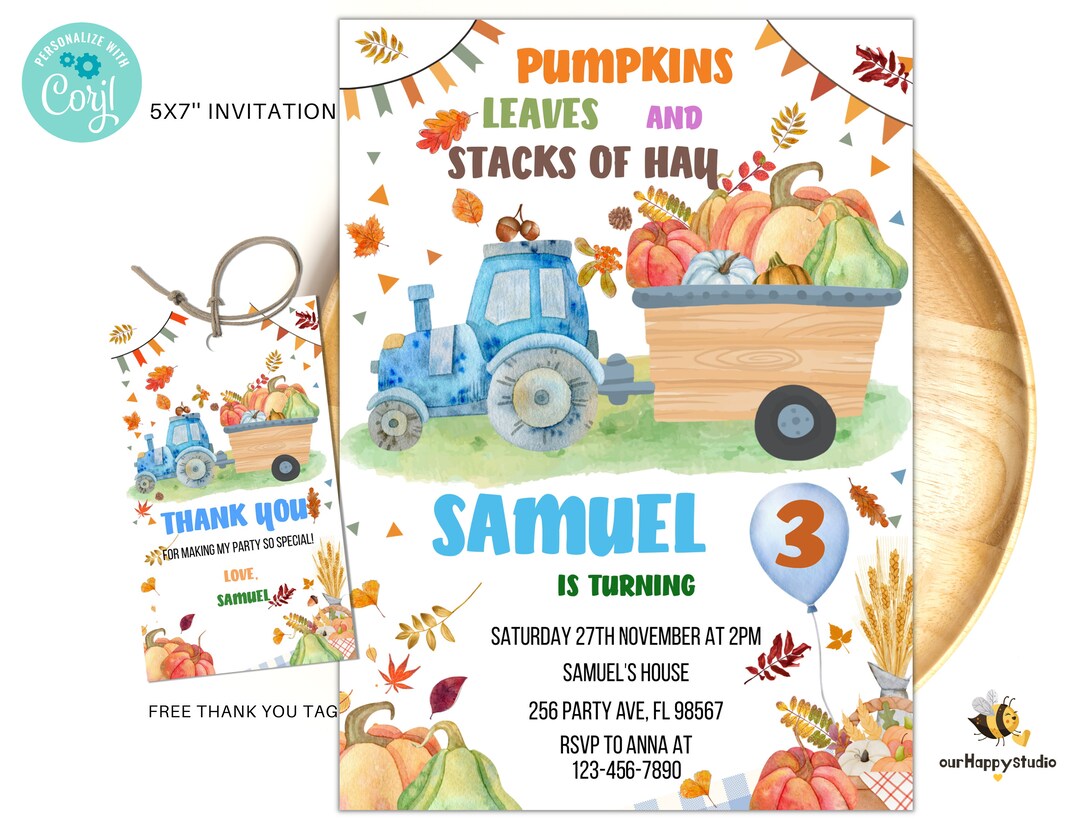 Editable Pumpkin Birthday Invitation Fall Pumpkin Tractor Birthday ...