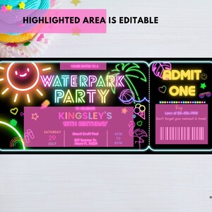 Editable Waterpark Party Ticket Invitation, Glow Pool Party Ticket ...