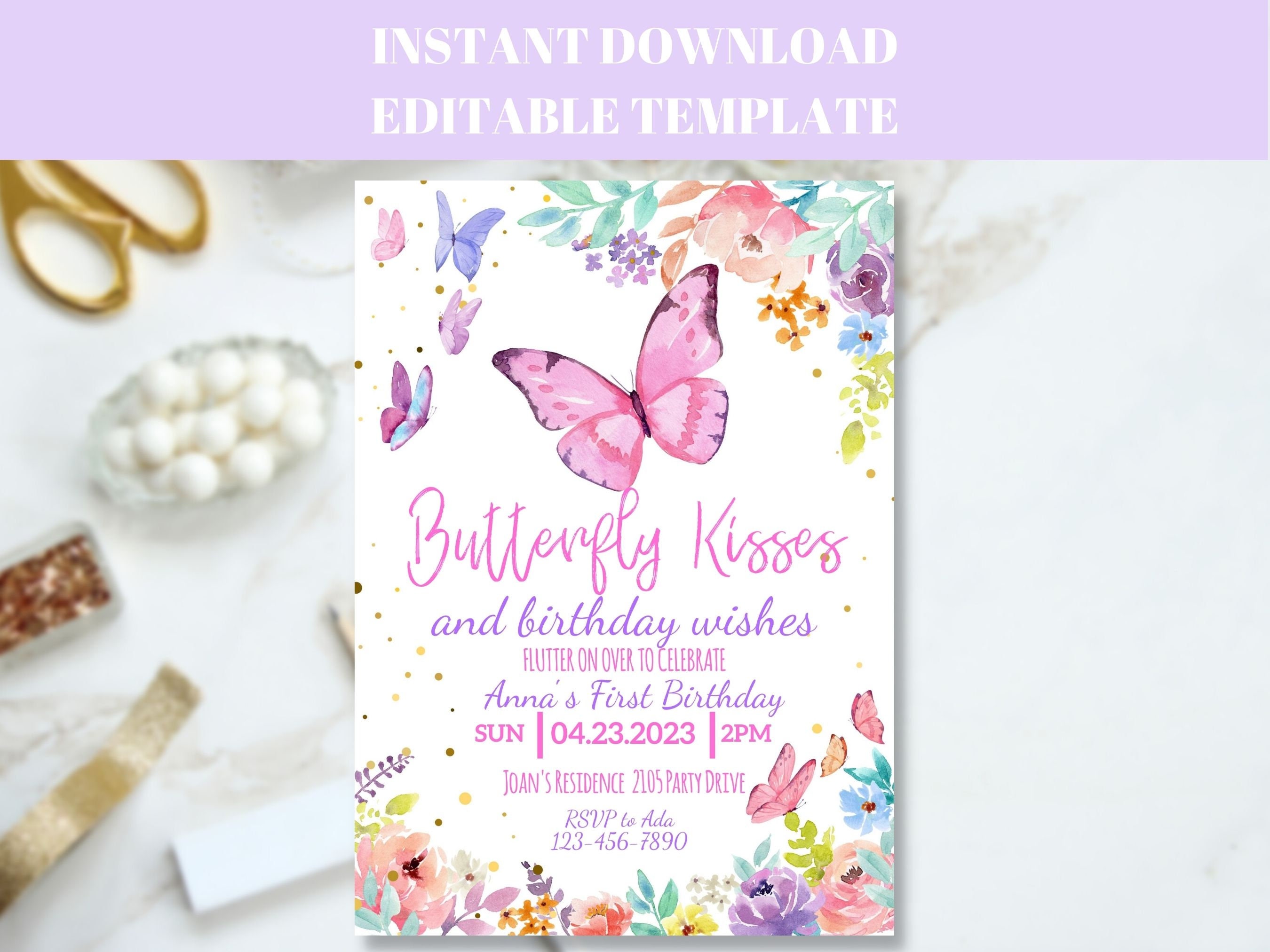 Editable Butterfly Birthday Invitation, Floral Butterfly, Butterfly ...