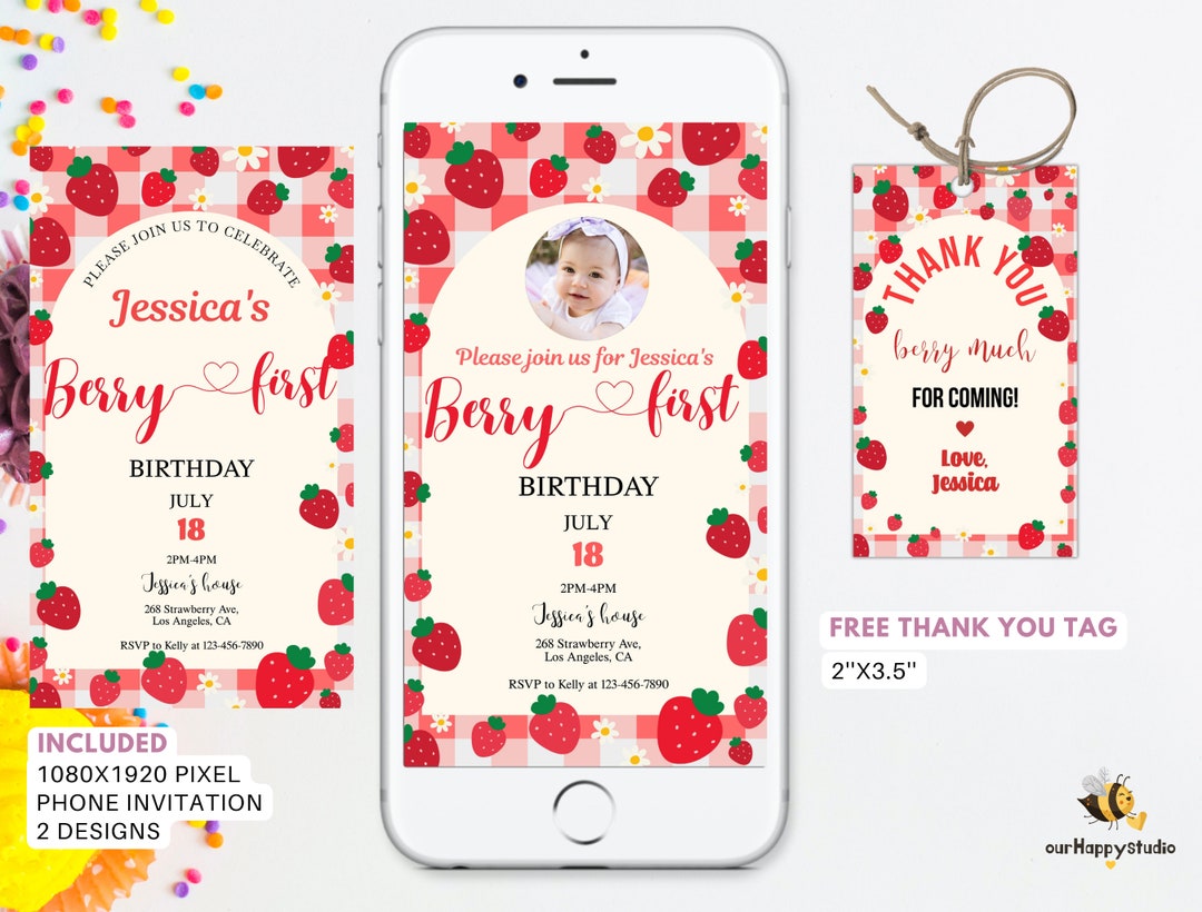 Editable Berry First Birthday Evite With Photo Template, Strawberry 1st ...