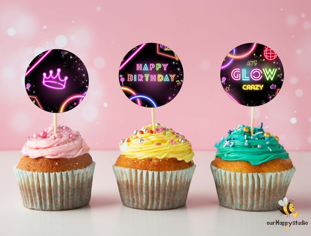 Glow Birthday Circle Square Cupcake Topper, Neon Favor Tag, Dance ...