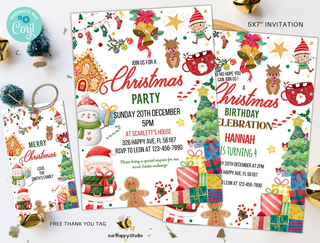 Editable Christmas Party Invitation, Christmas Birthday Party Invite ...