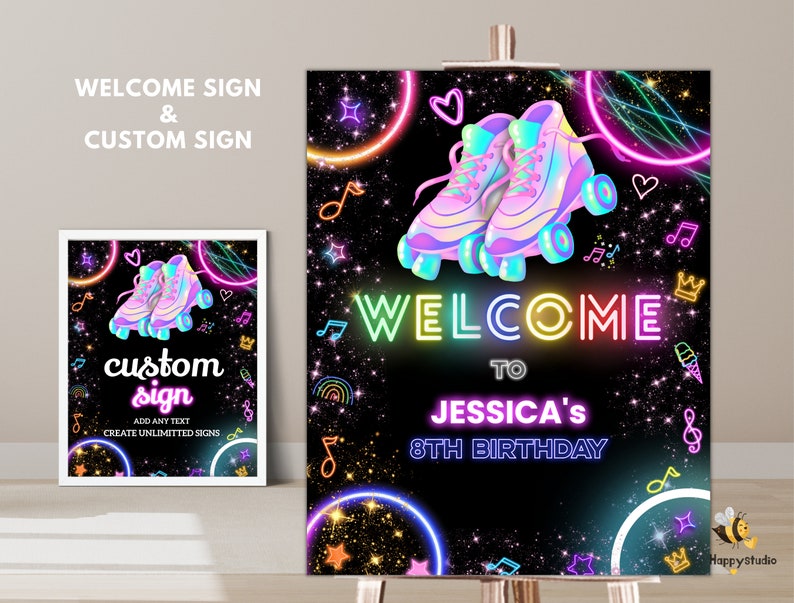 Editable Roller Skating Welcome Sign, Skating Party Custom Sign, Roller ...