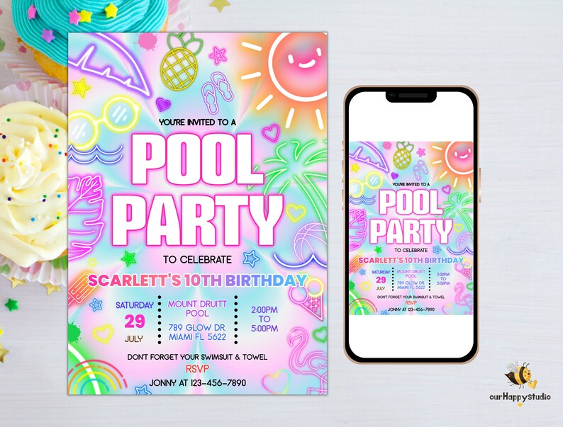 Editable Pool Party Invitation, Glow Neon Invite, Tropical Tie Dye ...