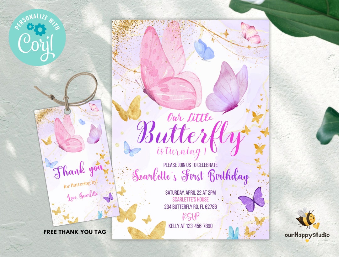 Editable Butterfly Birthday Invitation, Butterfly First Birthday Invite ...