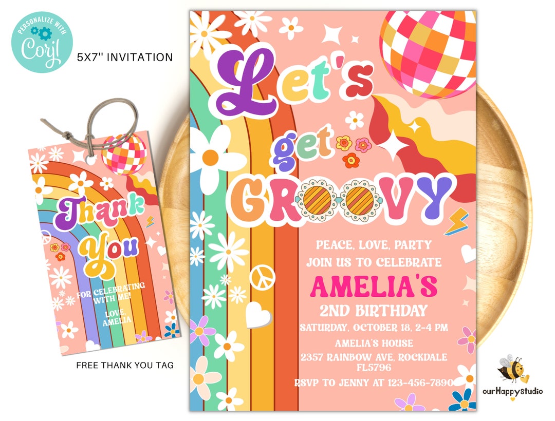 Editable Let's Get Groovy Invite Rainbow Daisy Groovy 1st 2nd 3rd ...