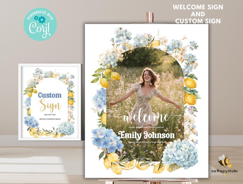 Editable Lemon Hydrangea Graduation Welcome Sign Template, Grad Party ...