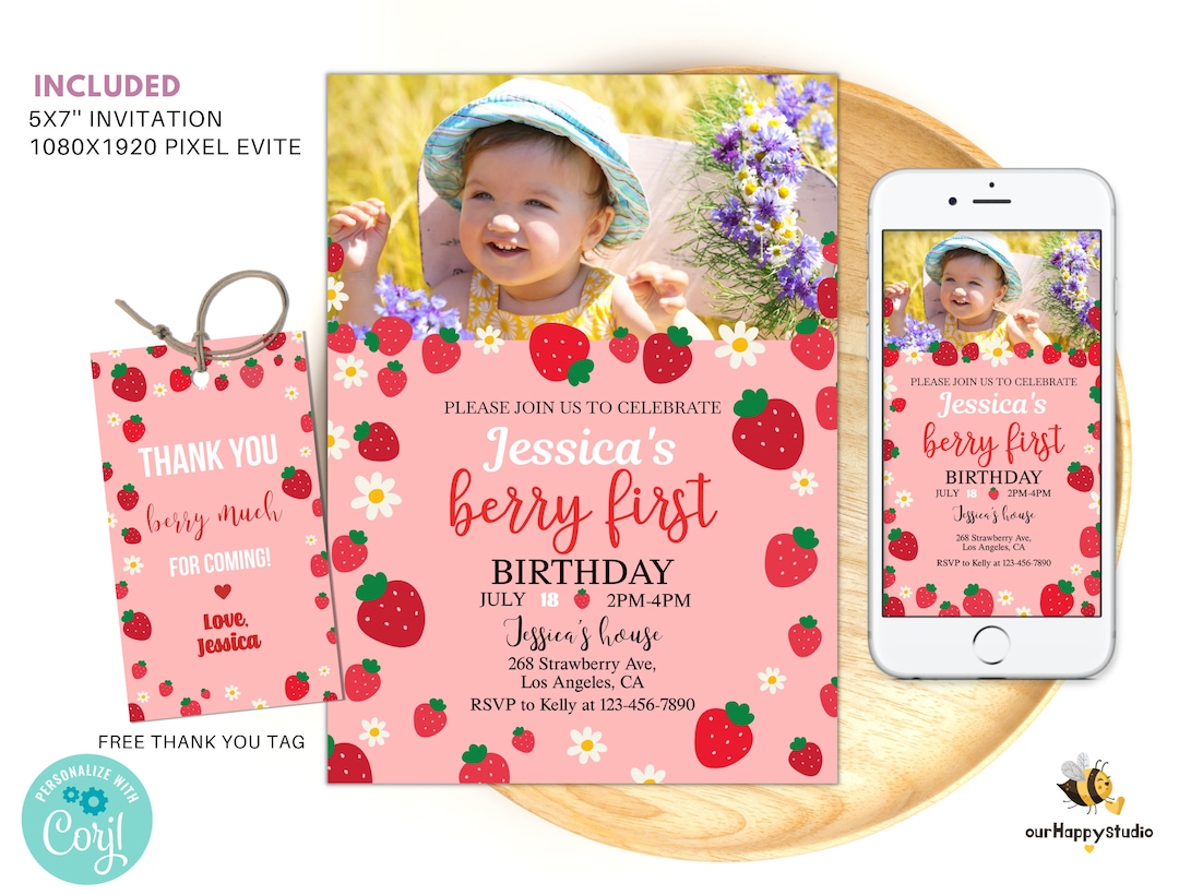 Editable Berry First Birthday Invite Template, Strawberry 1st Photo ...