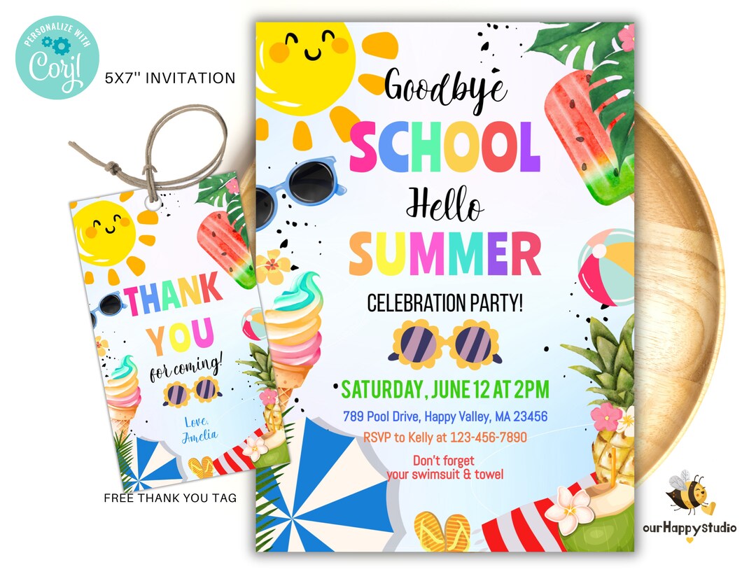 Editable End of School Party Invitation, Pool Party Invitation, Hello ...