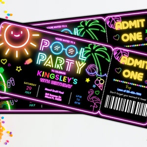 Editable Pool Party Ticket Invitation, Glow Water Park Ticket, Tropical ...