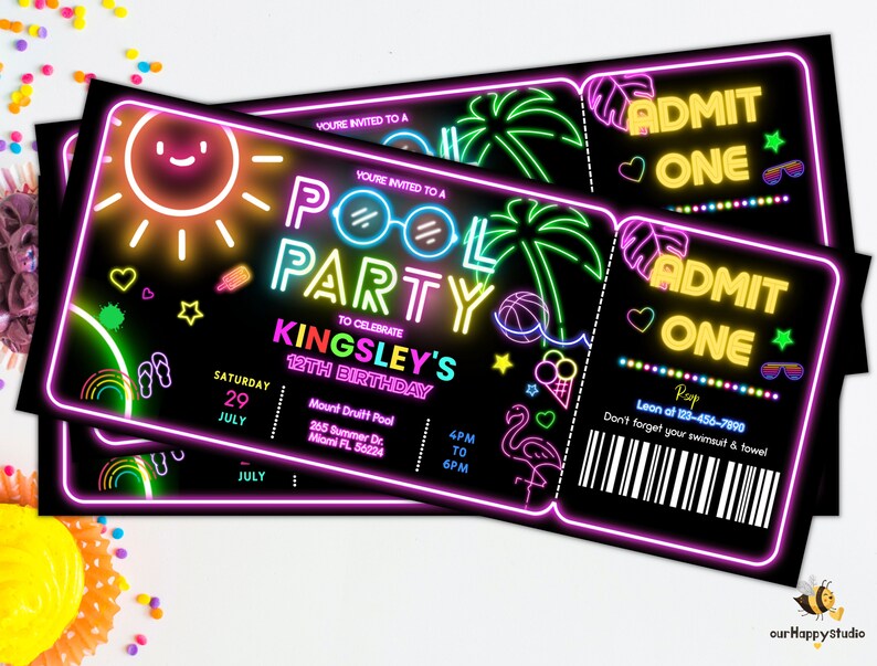 Editable Pool Party Ticket Invitation, Glow Water Park Ticket, Tropical ...