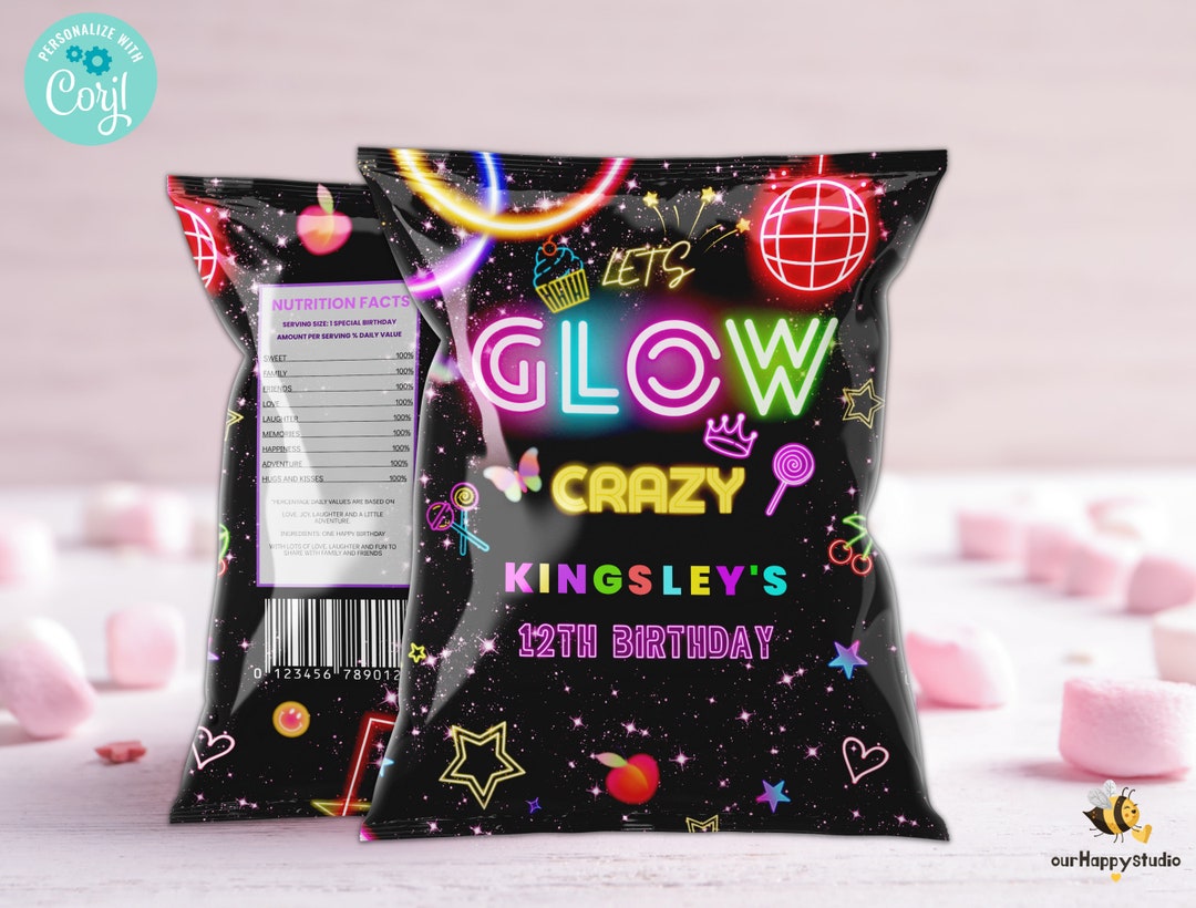 Editable Let's Glow Crazy Chip Bag Wrapper Glow Party Glow Gender ...