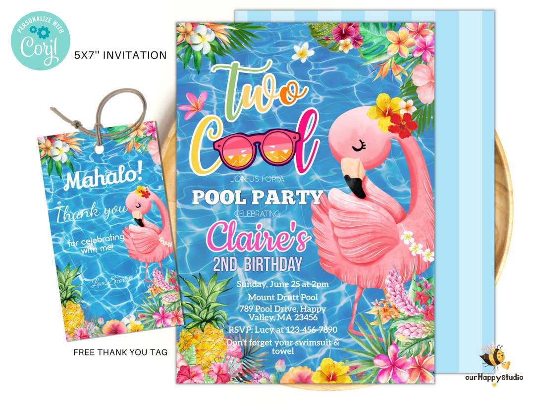 Editable Two Cool Pool Party Invitation, Hawaiian Flamingo Birthday ...