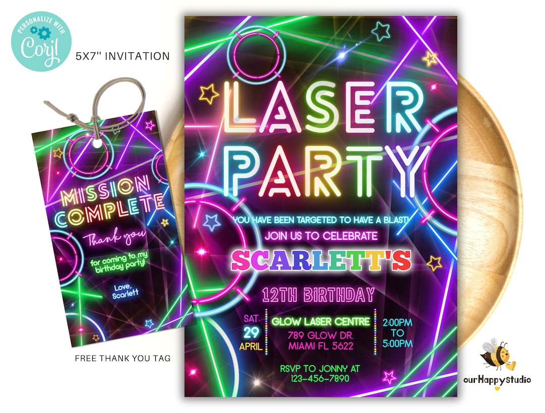 Editable Laser Tag Party Invitation Neon Birthday Party Invite Glow ...