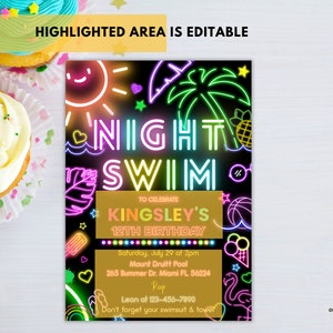 Editable Pool Party Invitation, Night Swim Party Invite, Tropical Neon ...