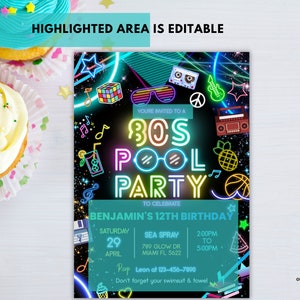 Editable 80s Pool Party Invitation, Retro Water Park Invite, Tropical ...